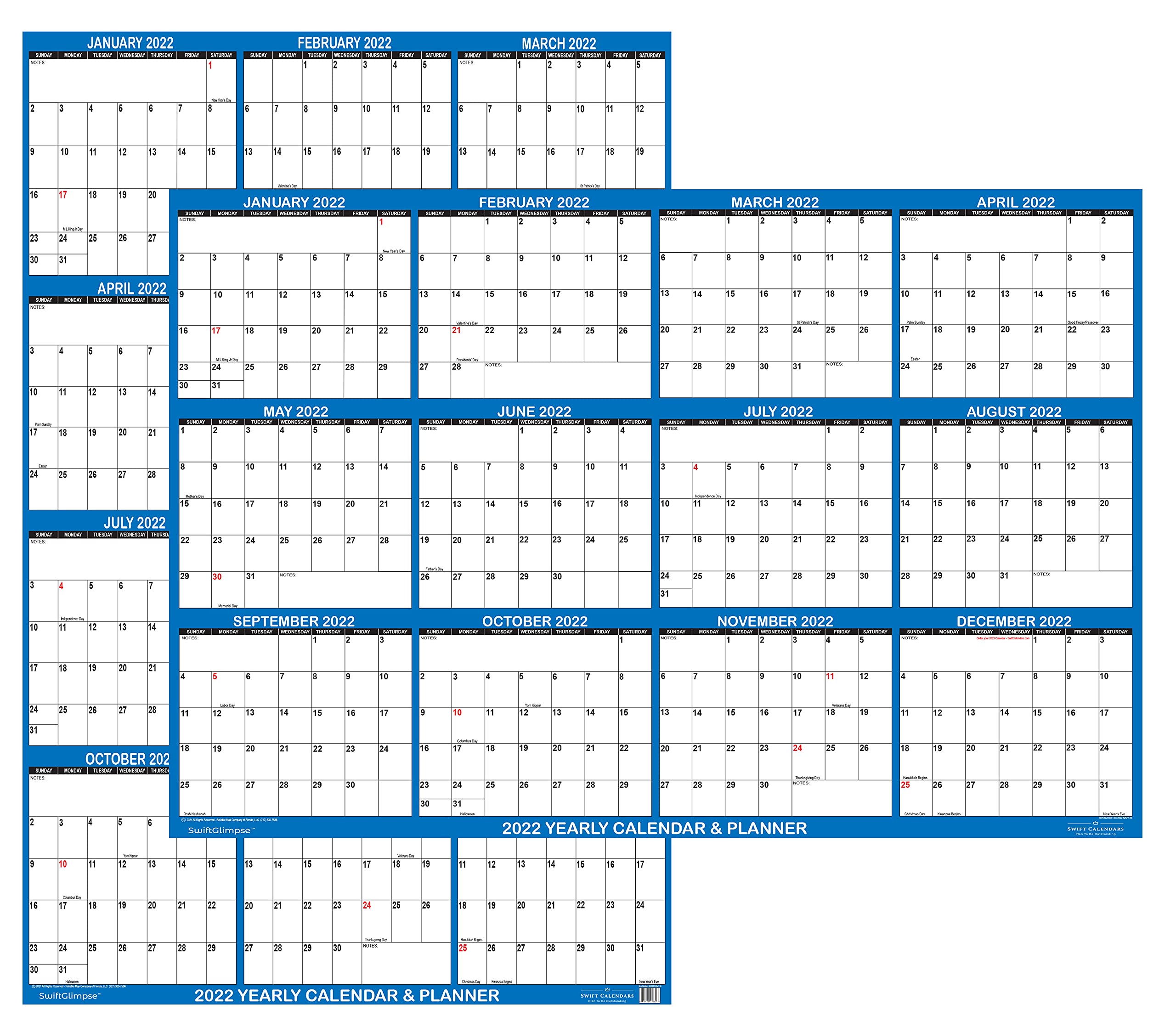 18" x 24" SwiftGlimpse 2022 Wall Calendar Erasable Large Wet & Dry Erase Laminated 12 Month Annual Yearly Wall Planner, Reversible, Horizontal/Vertical, Navy