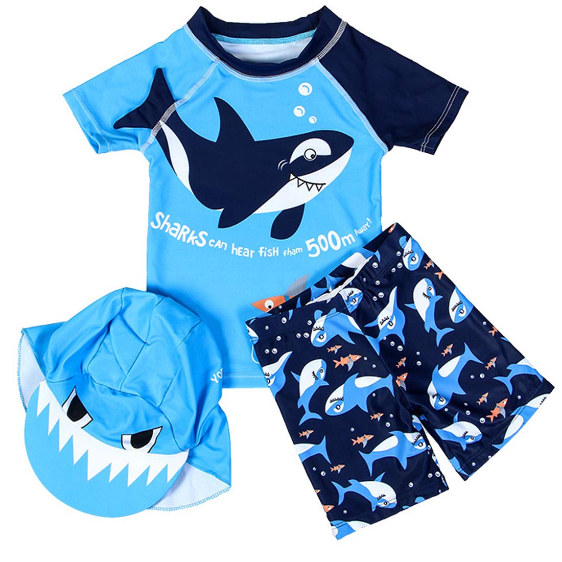 Baby Toddler Boys Two Pieces Swimsuit Set Shark Bathing Suit Rash Guards Swimwear with Hat UPF 50+ (3D Blue Shark, 18-24Months)