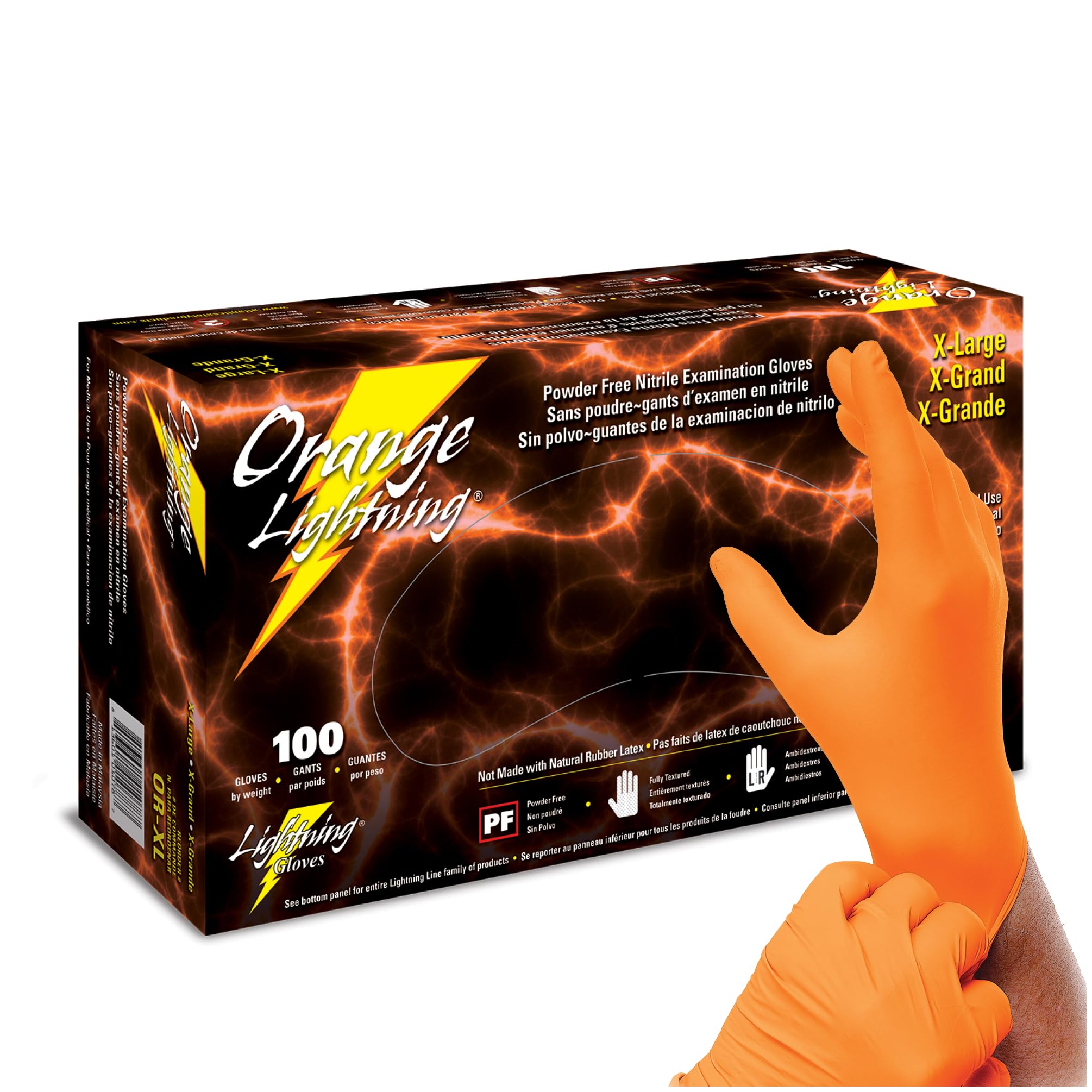 Atlantic Safety Products Orange Lightning Exam Gloves, Disposable, Powder-Free Nitrile Gloves, Orange, Extra Large, 100-Ct