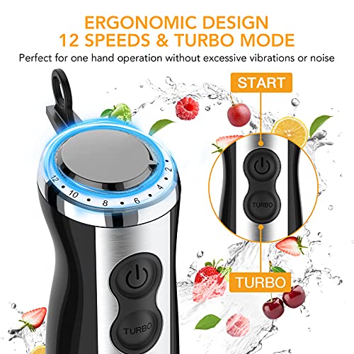 Acekool Immersion Hand Blender, 5-in-1 Handheld Blender 800W Powerful Copper Motor, 12 Speed Turbo Mode, 20 oz Beaker with Measuring Mark, 17 oz Food Chopper for SmoothiesStainless Steel Blades, Whisk