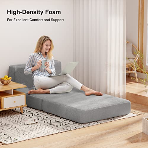 Aiho Folding Sleeper Sofa Chair Bed, Memory Foam Floor Couch , Modern Linen Fabric Removable Cover, for Living Room/Apartment/Dorm/Loft (Light Grey)