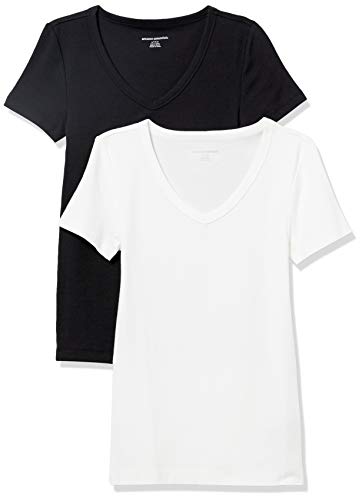 Amazon Essentials Women's Slim-Fit Short-Sleeve V-Neck T-Shirt, Pack of 2, Black/White, XX-Large