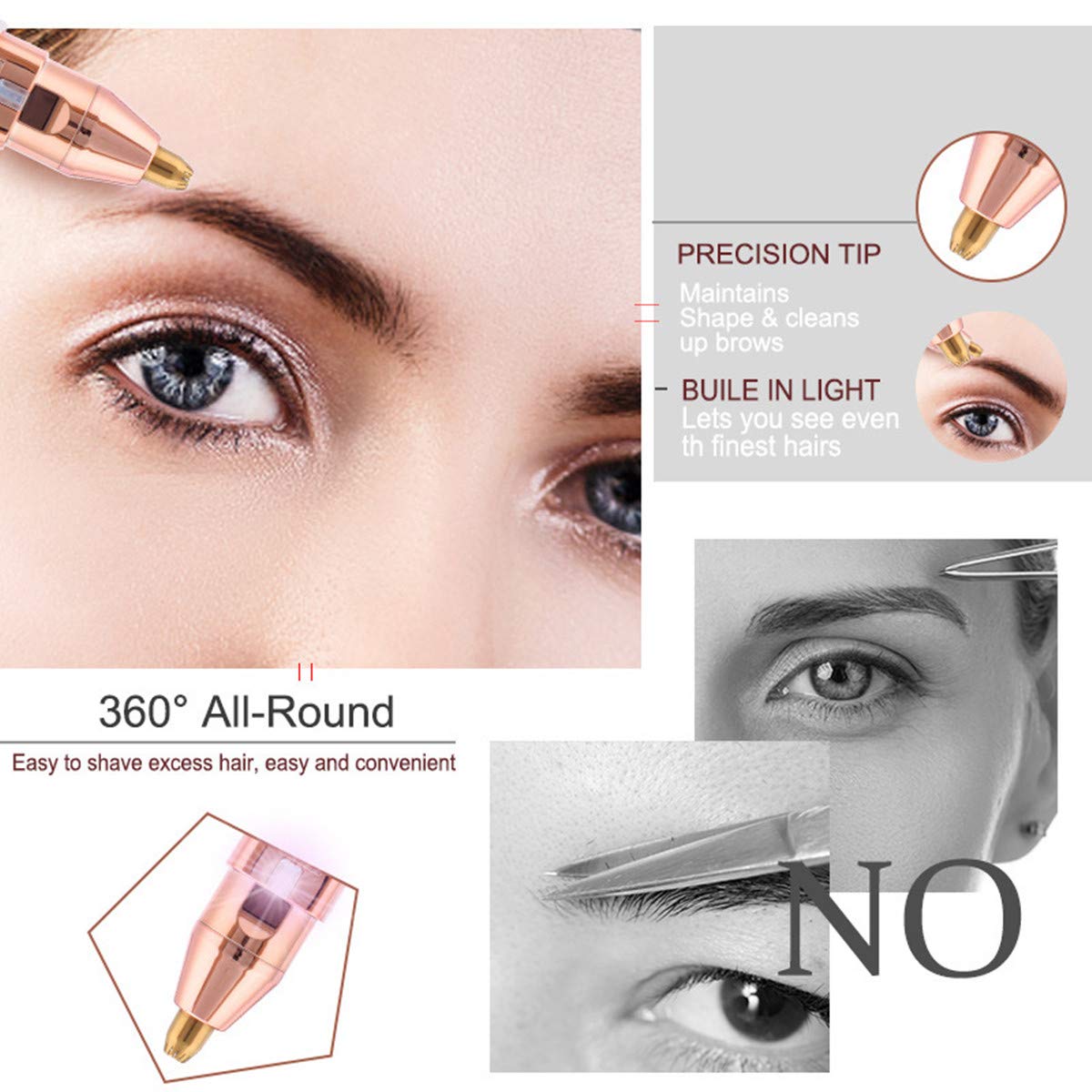 Juszczak Women's Rechargeable Eyebrow Trimmer, 2-in-1 Painless Hair Remover and Razor, with LED Light, Portable and Convenient