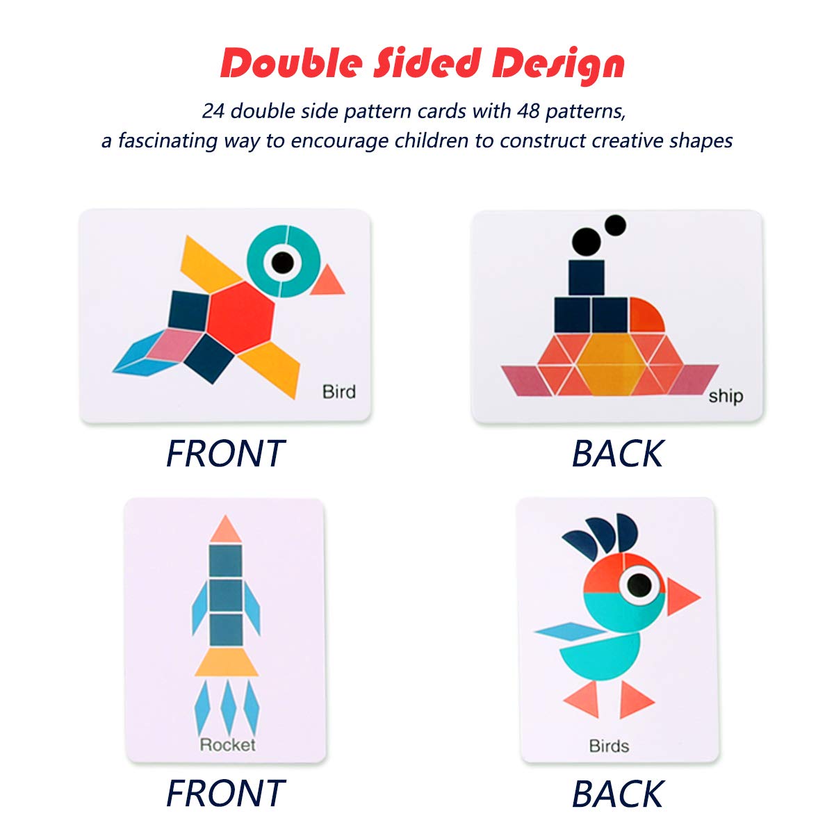 180 Pcs Wooden Pattern Blocks Set Geometric Manipulative Shape Puzzle Kindergarten Classic Educational Montessori Tangram Toys Kids Ages 4-8 Jigsaw Puzzles Gift, 24 Pcs Design Cards