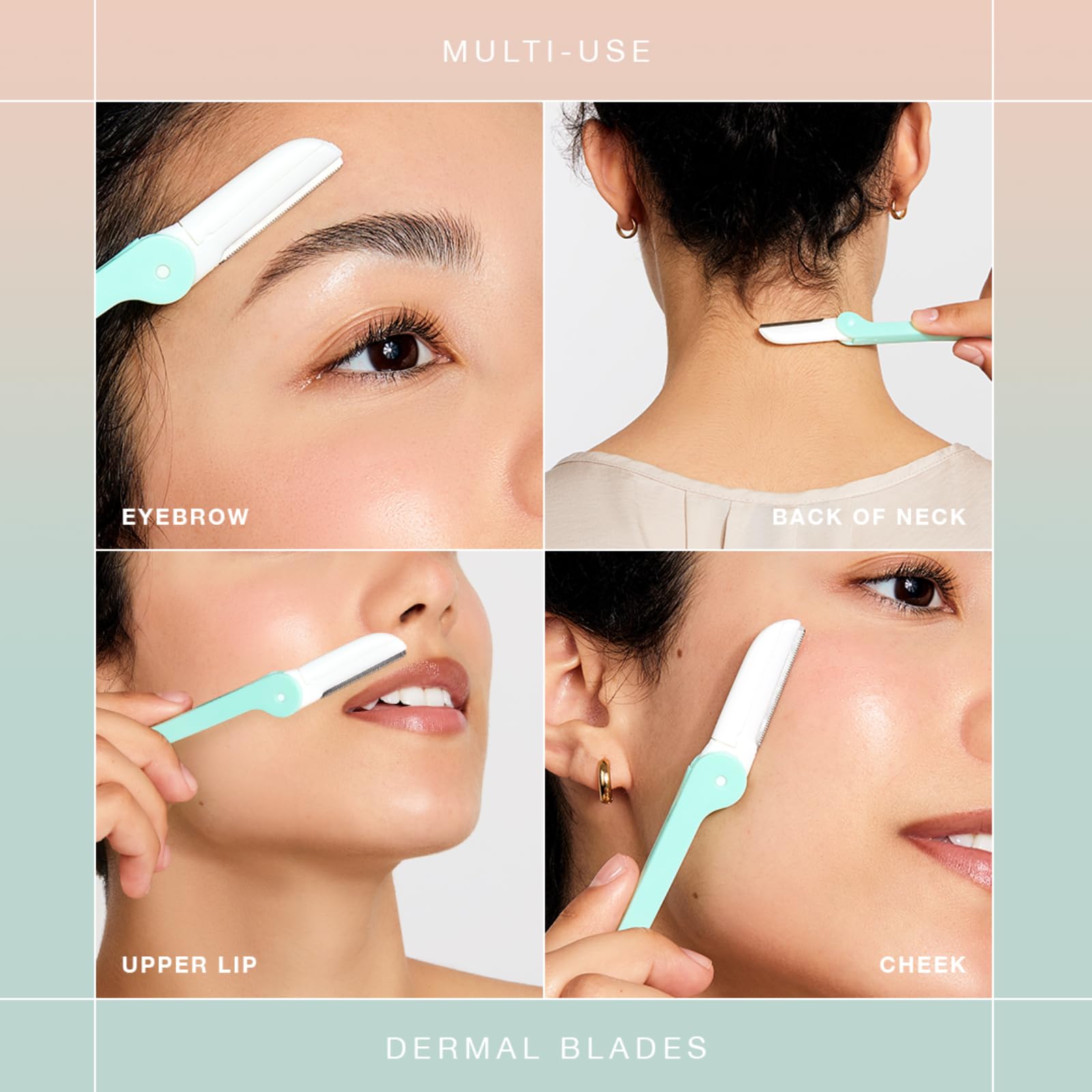 Contours Rx Derma Blades - Facial Razor & Dermaplaning Tool for Peach Fuzz, Bikini Line, Eyebrows, Arms and Neck - Portable Stainless Steel Face Razors with Foldable Handle (3pk)