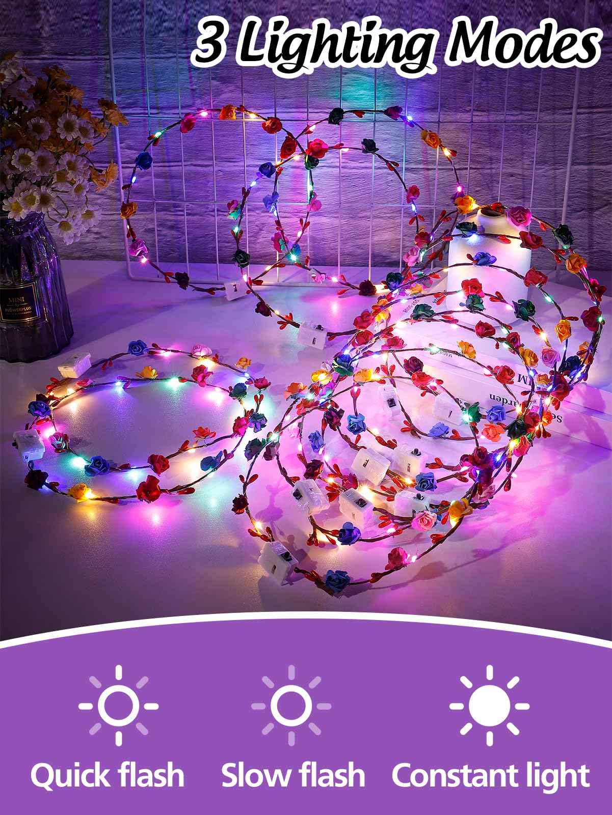 20 Pcs Halloween LED Flower Crowns Headbands - Light Up Headband for Women, Garlands Glowing Floral Wreath Crowns for Wedding Beach Party Birthday Cosplay