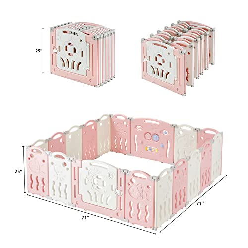 Albott Baby Playpen, Upgraded 18 Panels Foldable Fence with Game Panel and Safety Gate, Adjustable Shape, Portable Play Yards for Children Toddlers Indoors or Outdoors (Pink+White, Panel), 1.0 Sq Ft