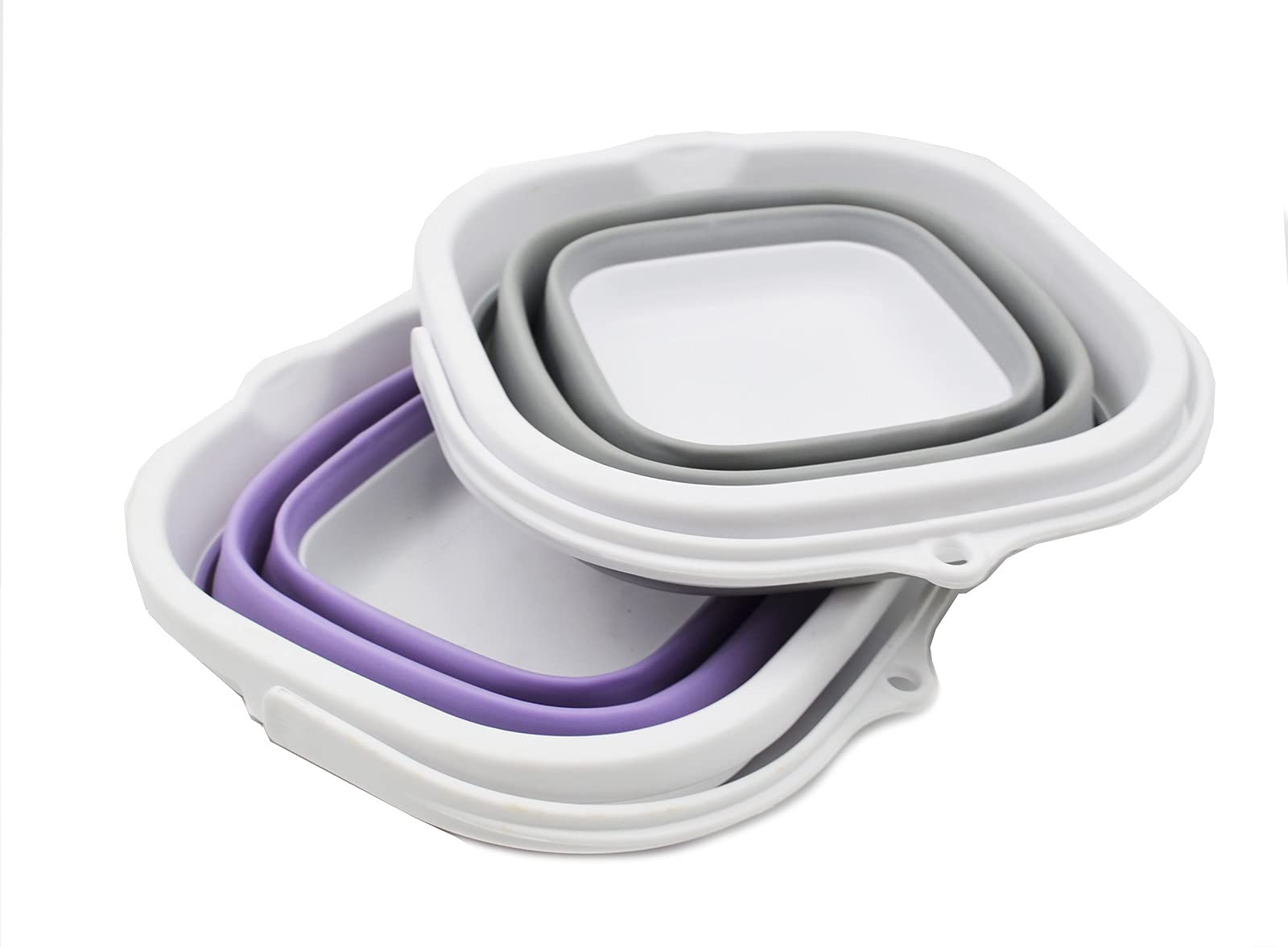 SAMMART 2.6L (0.68 Gallon) Super Mini Square Collapsible Plastic Bucket - Foldable Square Tub - Portable Fishing Water Pail - 2 Pieces Box Pack (Grey + Purple)