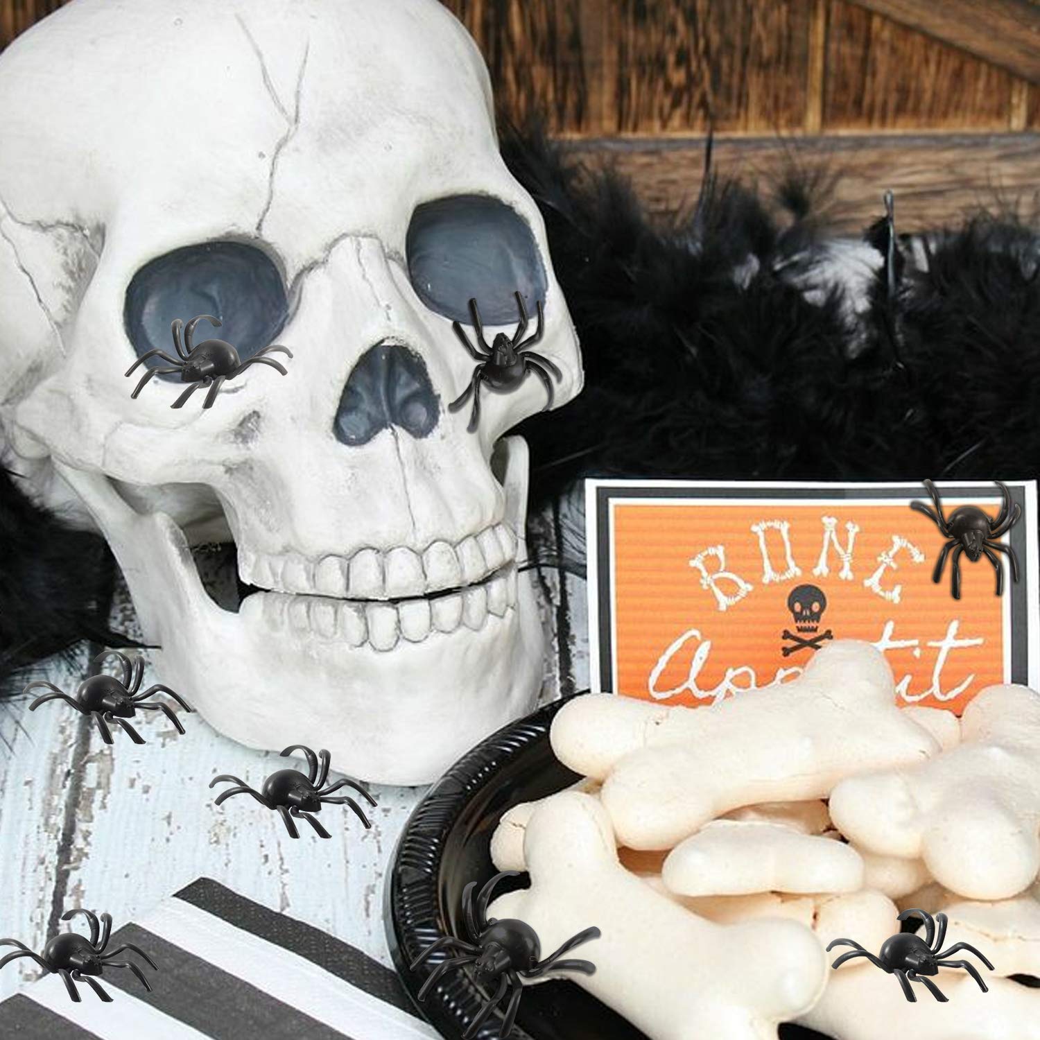 YUNGCHI 60 Halloween Plastic Spiders, Halloween Fake Spiders, Nightmare Before Christmas Halloween Decorations, Pumpkin Box,Set of 60