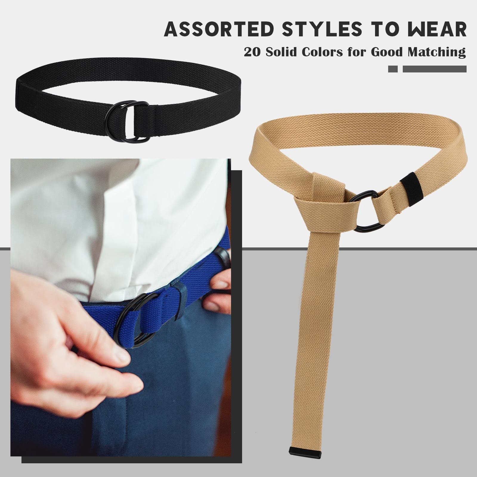 20 Pieces Bulk Canvas Belt for Men Women Web Fabric Casual Belt with Double D Ring 1 1/2'' Wide Canvas Casual Belt