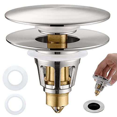 2-in-1 Universal Bathroom Sink Stopper - Brushed Nickel Pop Up Sink Drain Stopper, Brass Bounce Bullet Core Sink Stopper Replacement, Wash Basin Drain Filter Plug with Anti-Clogging Strainer