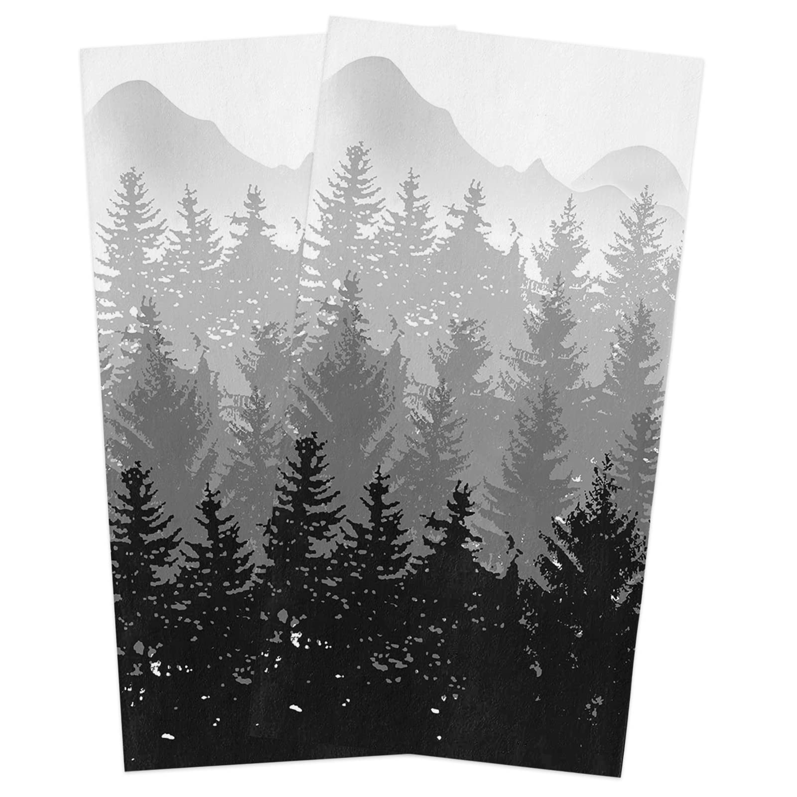 2 PCS Fall Autumn Tree Kitchen Towels 18"x28" Absorbent Cleaning Cloths for Drying Dish,Reusable Kitchen Rags Soft Terry Hand Tower Forest Grey Black Wood-Land Mountain Washable Dish Towel Dishcloths