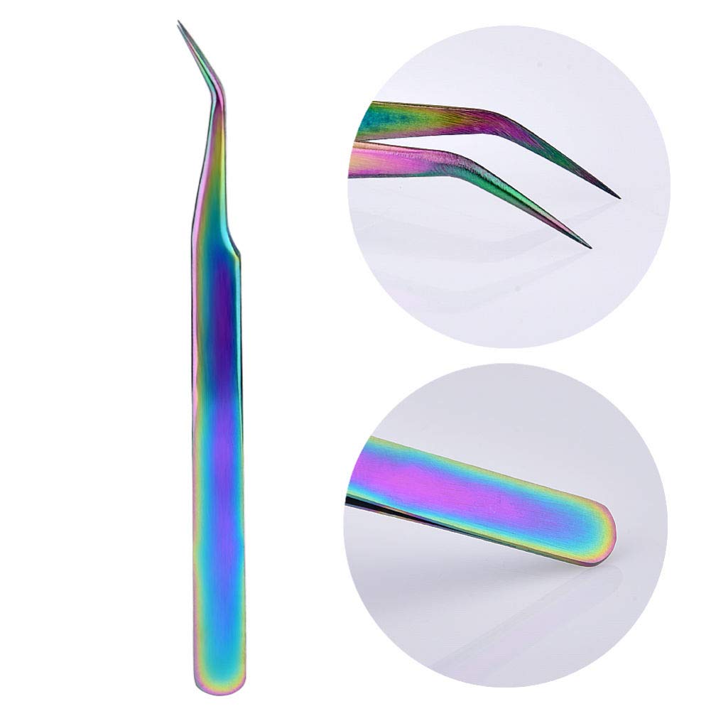 Aysekone 2 Pcs Rainbow Stainless Steel Curved Tweezers + Straight Tweezer for Rhinestones Picker Eyebrow Eyelash Tweezers Manicure Nail Art Tools