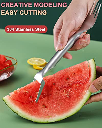 2-in-1 Watermelon Fork Slicer, Watermelon Slicer Cutter, Stainless Steel Fruit Watermelon Cutter for Family Parties Camping, Professional Fruit Forks Slicer for Watermelon Cubes (1PCS)