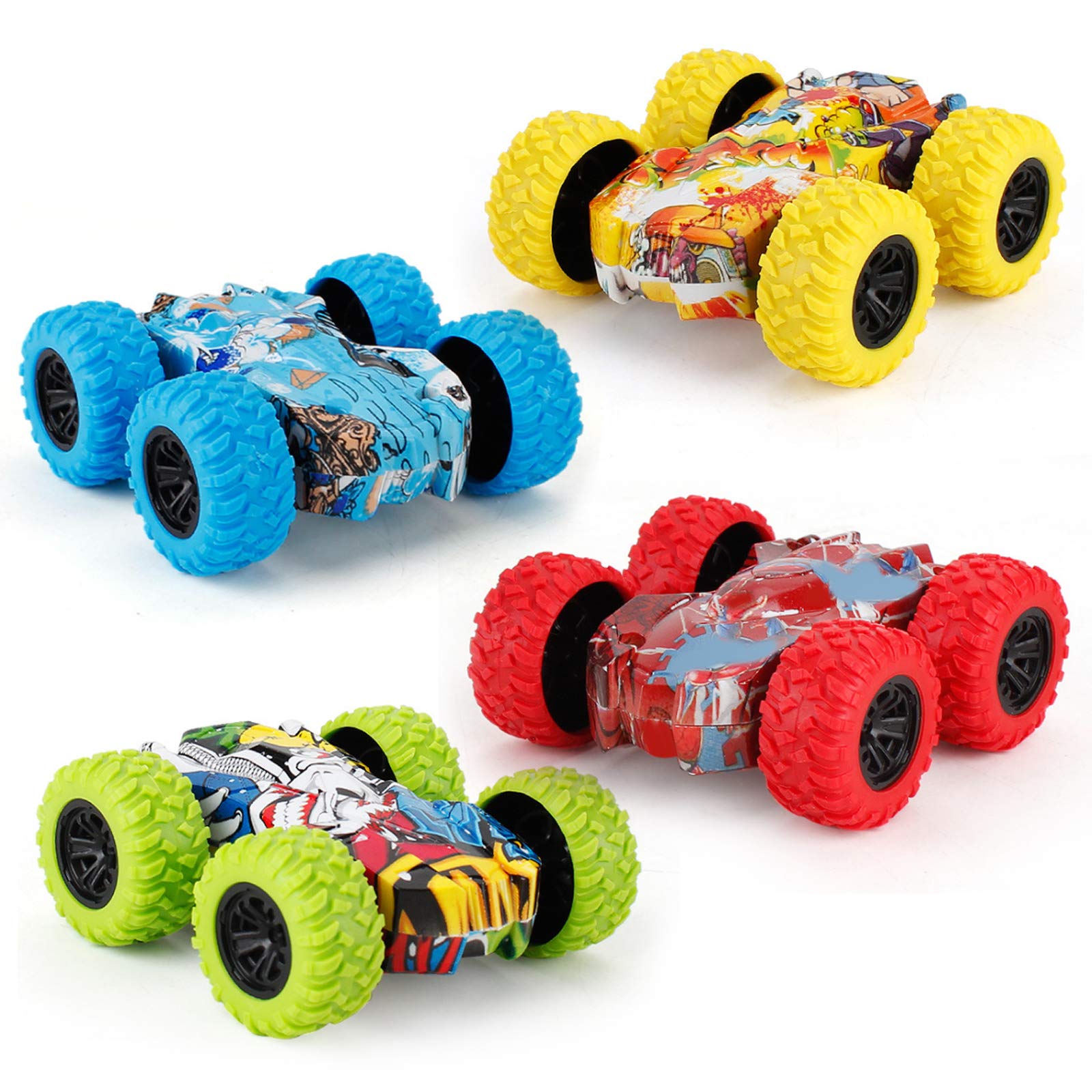 4 PCS Multicolor Double Sided Friction Powered Car Dumper Truck Rotate 360 Degrees Rotation Inertia Push and Go Cars Party Toys for 5 6 7 8 Year Old Boys Girls Kid Toddlers