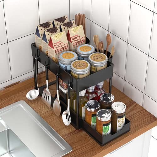 2 Pcs 2-Tier Under Sink Organizers and Storage with Bottom Pull Out Drawers, Towels Hooks and Hanging Cups, Bathroom/Kitchen Multipurpose Miscellaneous Supplies Organization And Storage Rack