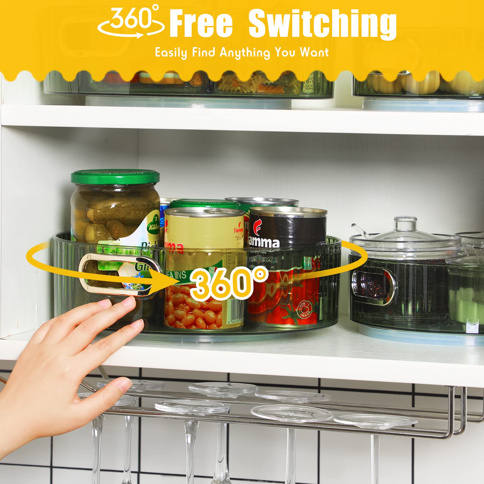 2 Pcs Lazy Susan Turntable Plastic Spinner Organizer, 11 Inch 8.7 Inch Spice Rack with Handles Round Plastic Clear Rotating Condiment for Cabinet Kitchen Refrigerator Jewelry Storage Bathroom (Green)