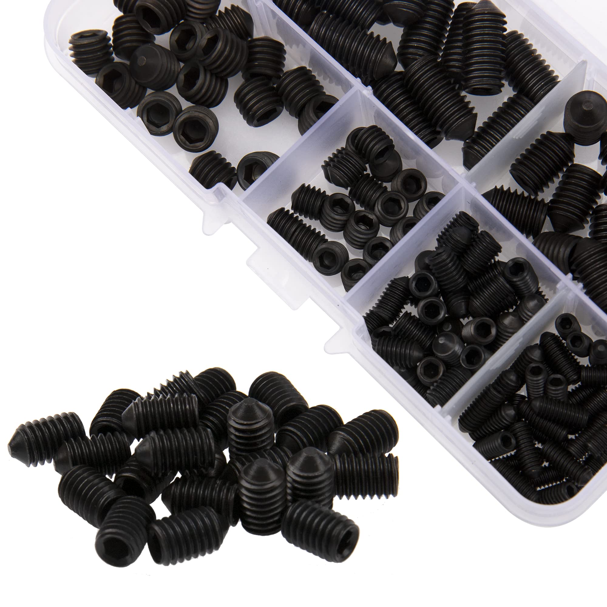 Rrina 150Pcs M4/M5/M6/M8 Hex Allen Head Socket Set Screws Grub Screw Bolts Assortment Kit,12.9 Class Alloy Steel Internal Hex Drive Cup-Point Screws