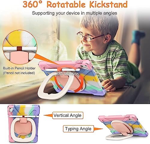 KENOBEE Case for iPad 9.7 6th/5th 2018/2017 / Air 2 / Pro 9.7, 360° Rotating Multi-Functional Handle-Kickstand Shockproof Cover Built-in Screen Protector & Shoulder Strap, Rainbow Pink