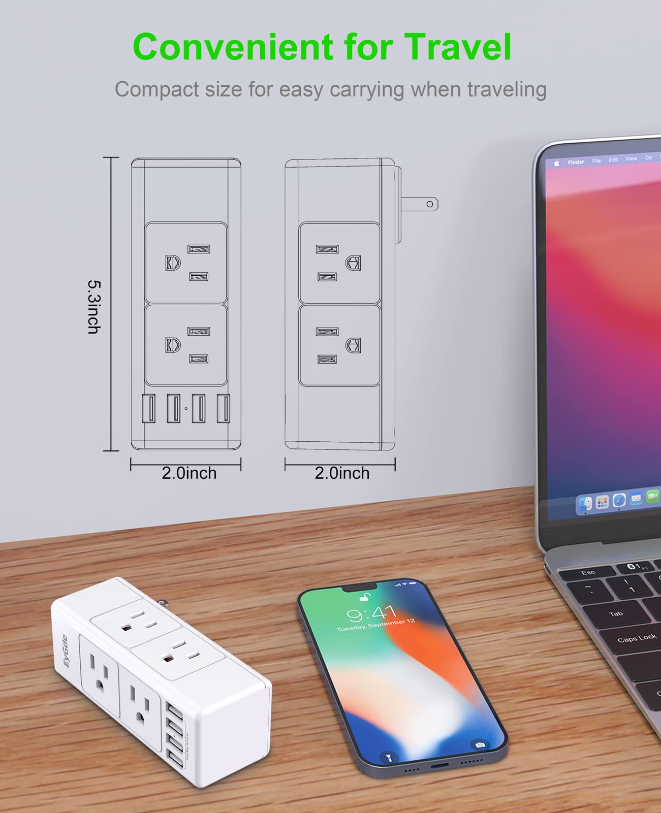 2 Prong Power Strip with Rotating Plug, EyGde Multi Plug Outlet Extender, Multiple Outlet Splitter(3 Sided 6 Sockets) and 4 USB Ports, Wall Adapter Surge Protector (1700J) for Travel, Office, White