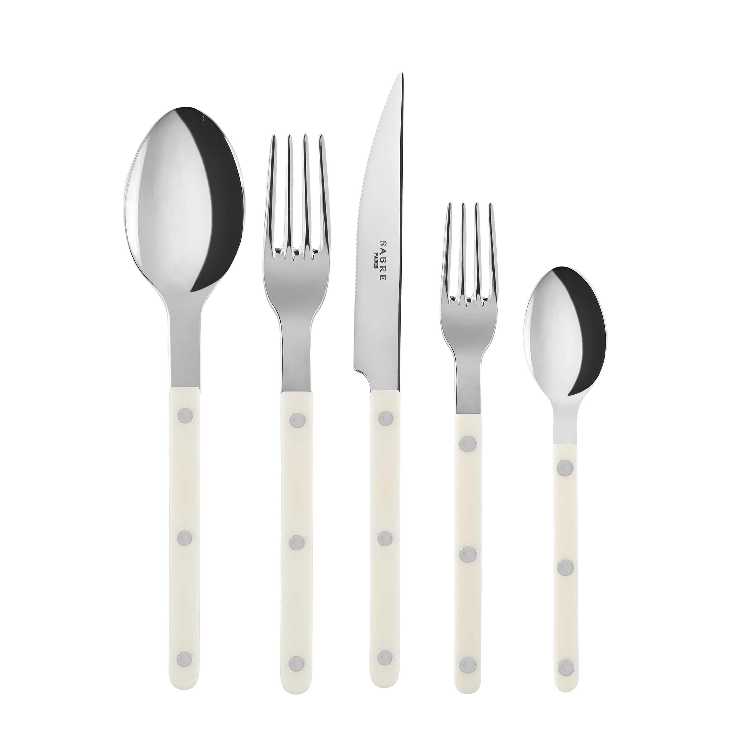 SABRE PARIS - 5-Piece Flatware Set - Bistrot Collection - Knife, Fork, Soup Spoon, Teaspoon & Dessert Fork - Stainless Steel & Nylon - Dishwasher Safe - Ivory - Brilliant Finish