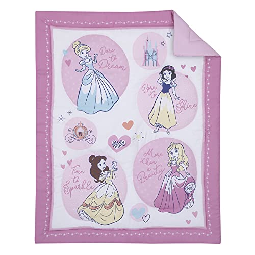 Disney Princess - Dare to Dream Pink and White, Castle, Hearts and Stars 3 Piece Nursery Crib Bedding Set - Comforter, Fitted Crib Sheet, and Crib Skirt