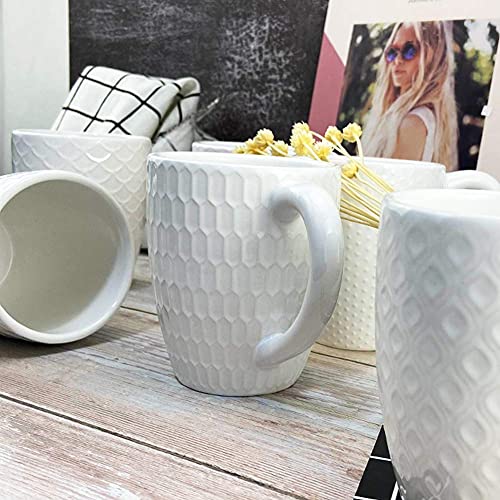 Schliersee White Ceramic Coffee Mugs set of 6, Stylish Embossed Coffee Cups Set with Different Patterns, for Coffee, Tea, Milk, Cocoa, Cereal (11.8 Ounce), for Christmas Gift