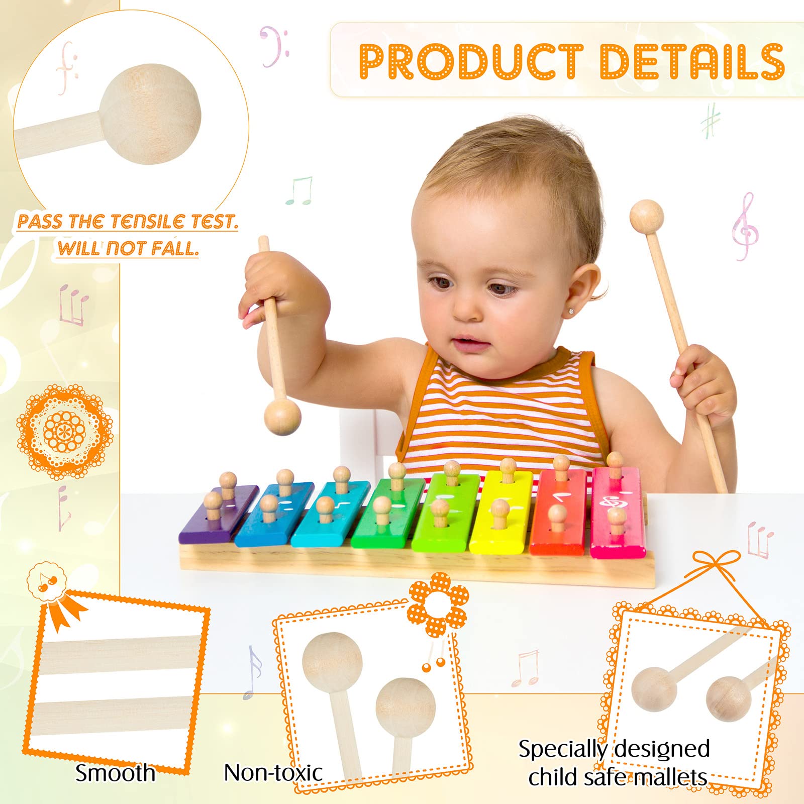20 Pieces Wood Mallets Percussion Glockenspiel Xylophone Mallets Sticks Wood Small Musical Drumsticks Chime Round Head Hammer Wooden Drum and Percussion Mallets for Kids, 8.2 Inch Long