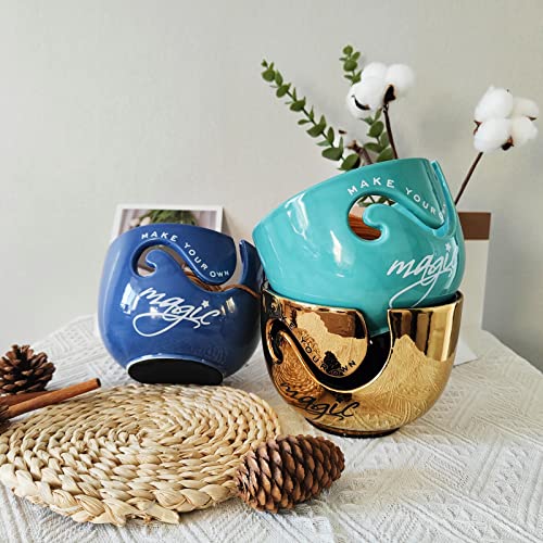 Ceramic Yarn Bowl for Crochet and Knitting Accessories - Best Yarn Holder - Fits Extra Large Yarn Ball or 4 to 5 Small Balls - for Knitters and Crocheters 6.5ββ x 4.5" (Gold/Black)
