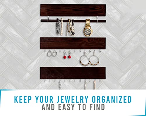 Comfify Rustic Jewelry Display Organizer for Wall β Wall Mounted Jewelry Holder Organizer with Removable Bracelet Rod and 24 Hooks β Perfect Earrings, Necklaces and Bracelets Holder β Dark Brown