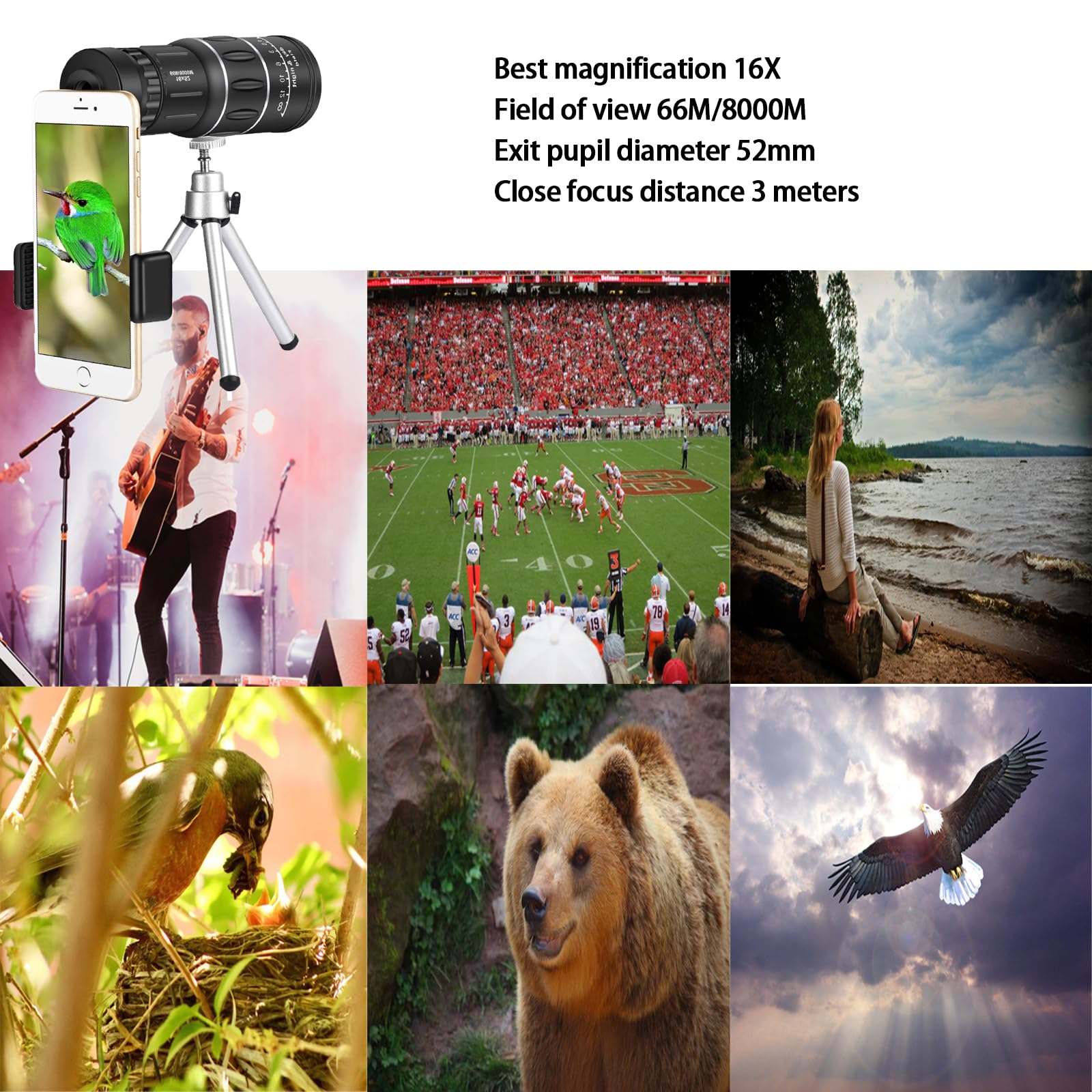 16X52 High Power HD Monocular with Smartphone Holder & Tripod BAK4 Prisms&FMC Lens, Portable Waterproof Telescope for Bird Watching Camping Hiking Match Traveling