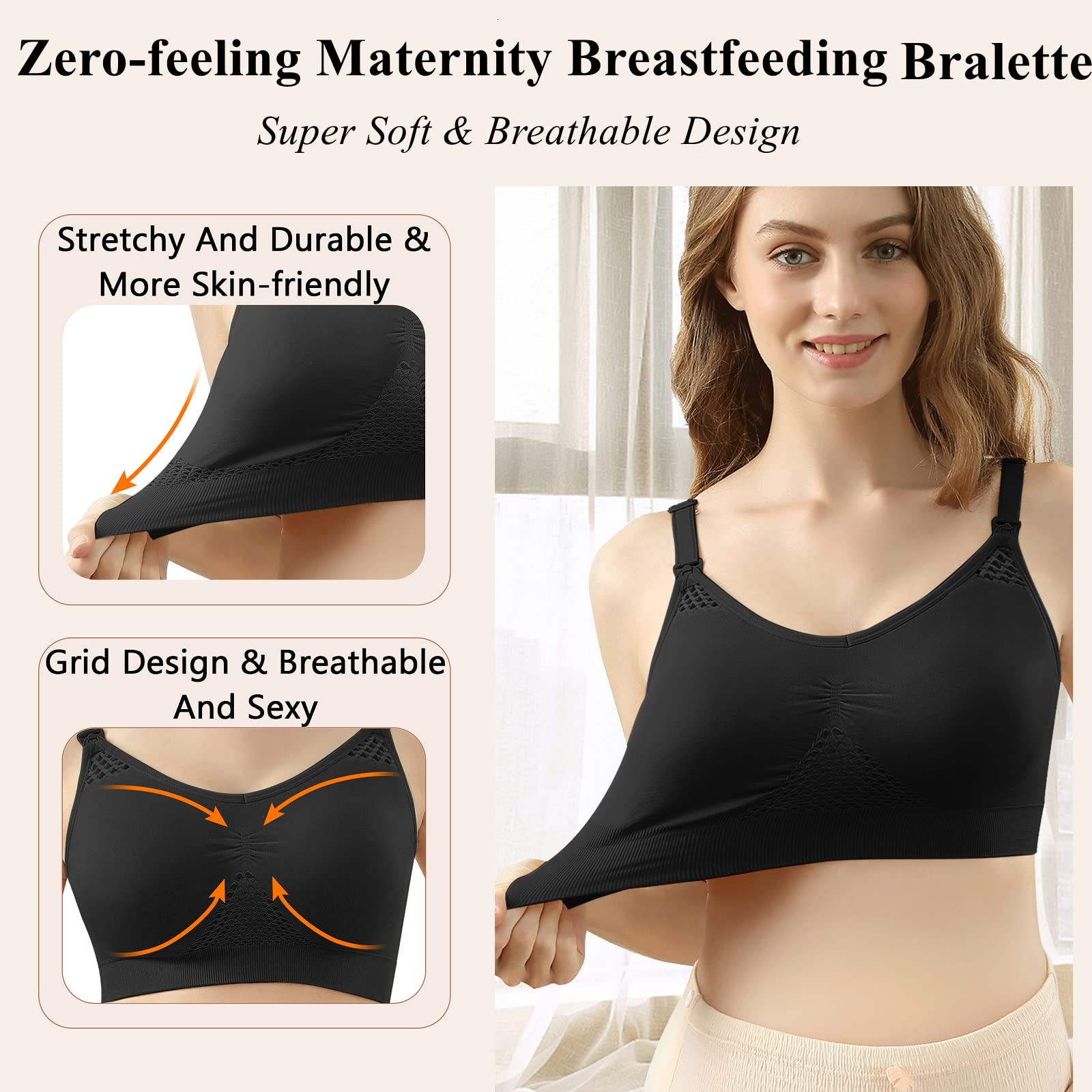 4HOW Hands Free Pumping Bra Pumping Sports Sleeping Bra for Breastfeeding Black Nude Grey Large