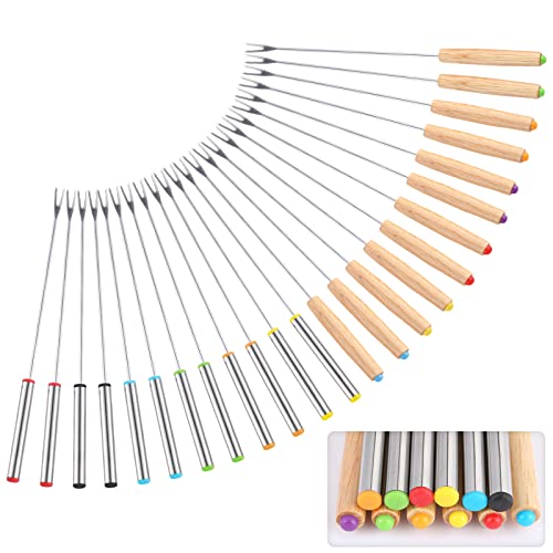 24 Pack 9.6 Inch Stainless Steel Fondue Forks, 12 Wood Handles and 12 Stainless Steel Handles, Heat Resistant Smores Sticks for Roast Meat Chocolate Dessert Cheese Marshmallows (6 Colors)