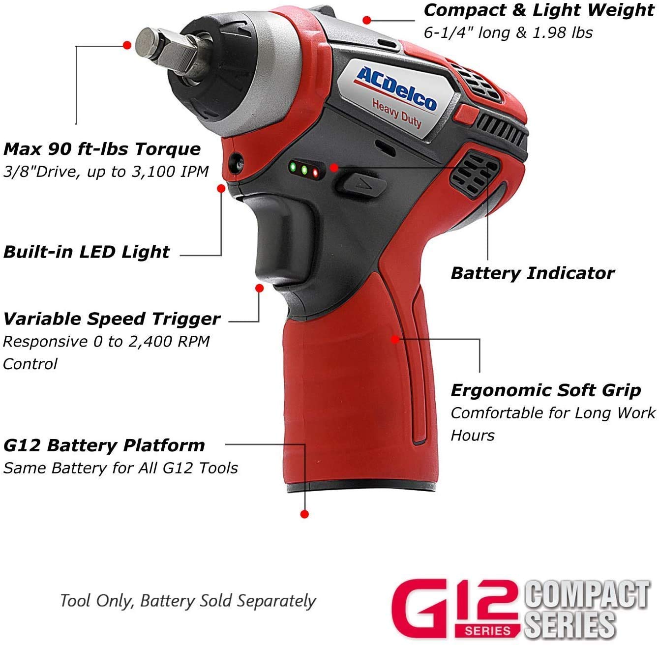 ACDelco ARI12104T G12 Series 12V Cordless Li-ion 3/8β 90 ft-lbs. Impact Wrench - Bare Tool Only