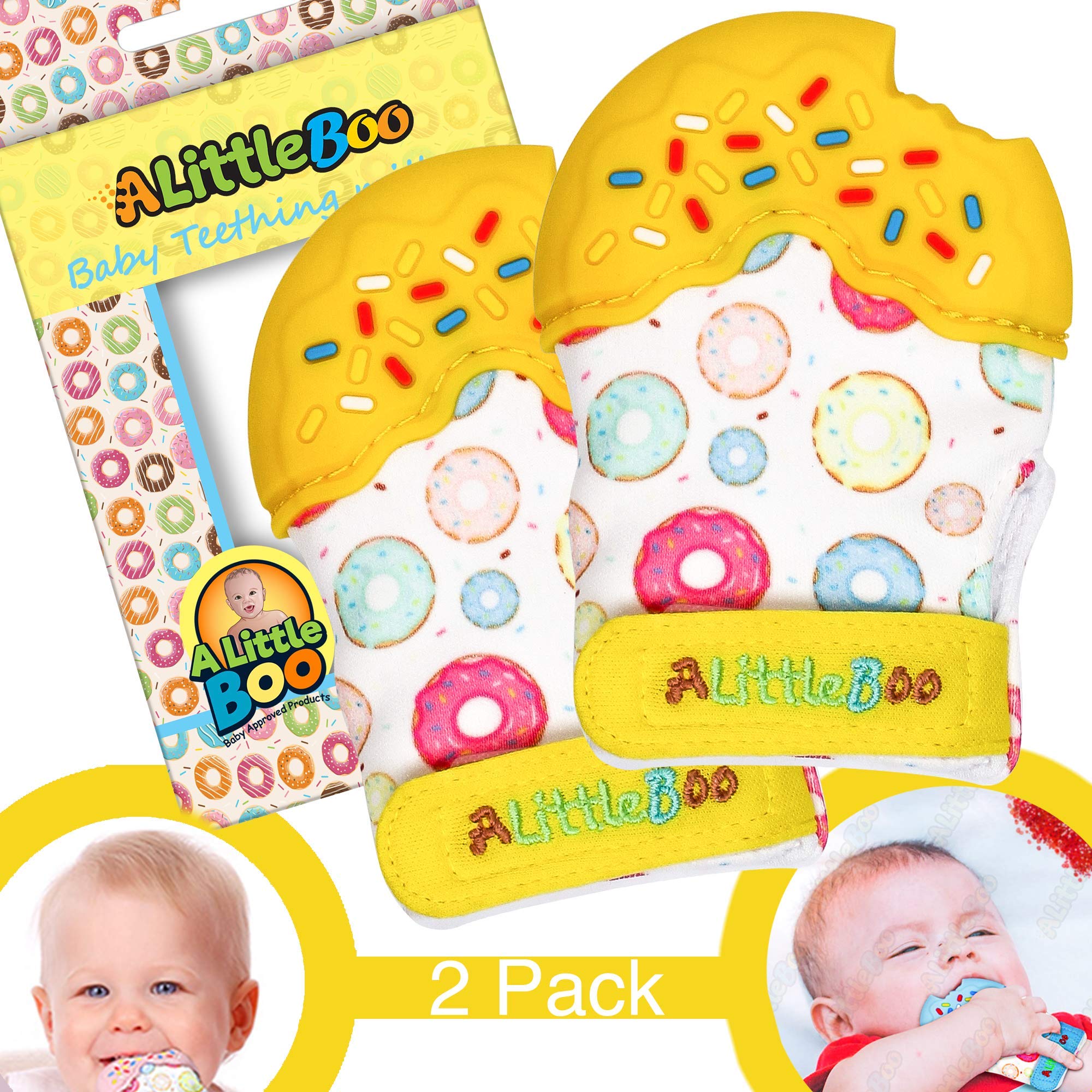 A Little Boo Baby Teething Mitten - Teether Glove - Infants Newborn Teething Toy [2 Pack] [Yellow]