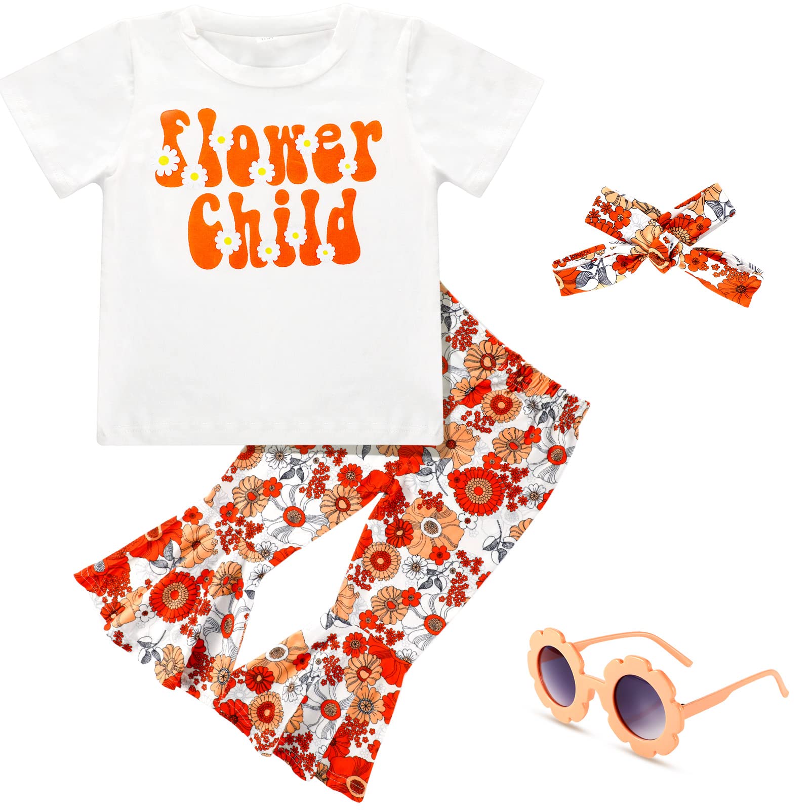 4 Pcs Toddler Baby Girl Short Sleeve T-Shirt Top Floral Flared Bell Bottom Pant Headband Sunglasses Kid Summer Outfit(Small)