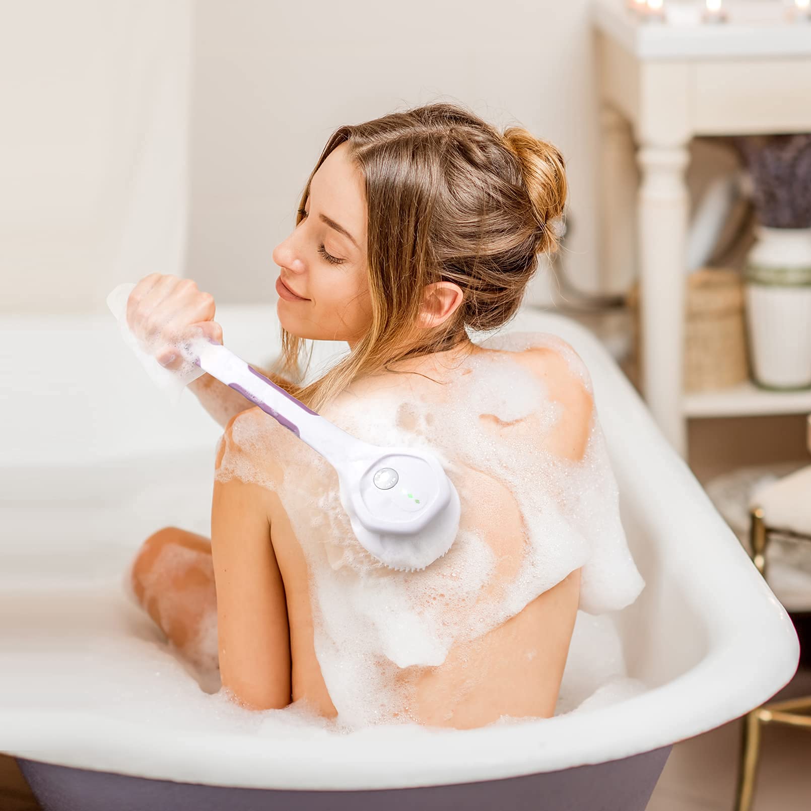 SoulBay Electric Body Brush with 5 Attachments: Rechargeable Back Brush IPX7 Long Handle Exfoliating Spin Scrubber for Shower Bathing Cleansing Wash Deep Cleaning