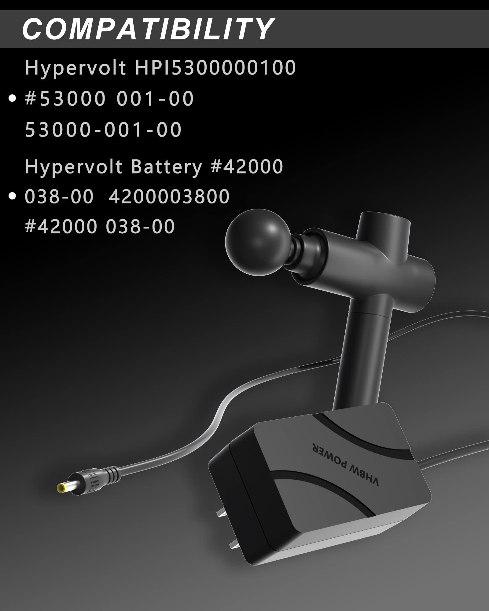 VHBW 24V Charger Replacement for Hypervolt Massage Gun, Replacement for Hypervolt Charger Compatible with Hypervolt Hyperice HPI5300000100 53000 001-00 42000 038-00 Battery Charging Cord 【UL Listed】