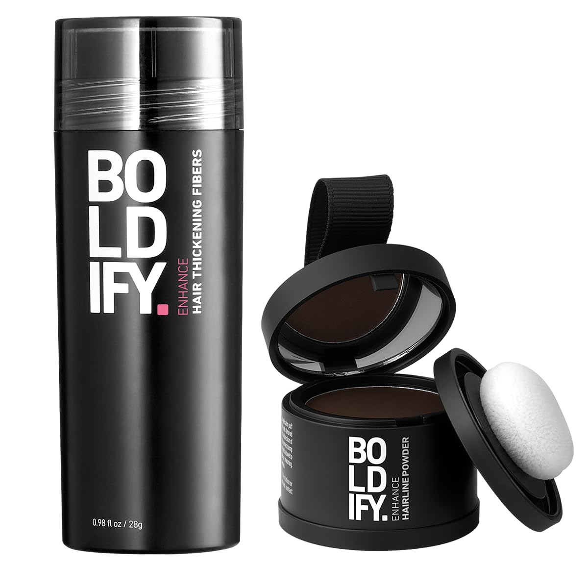 Hair Fiber (Dark Brown) + Hairline Powder (Dark Brown): Boldify Build & Conceal Bundle - Undetectable Hair Thickener for Fine Hair, Instant Stain-Proof Root Touchup Powder, For Men & Women