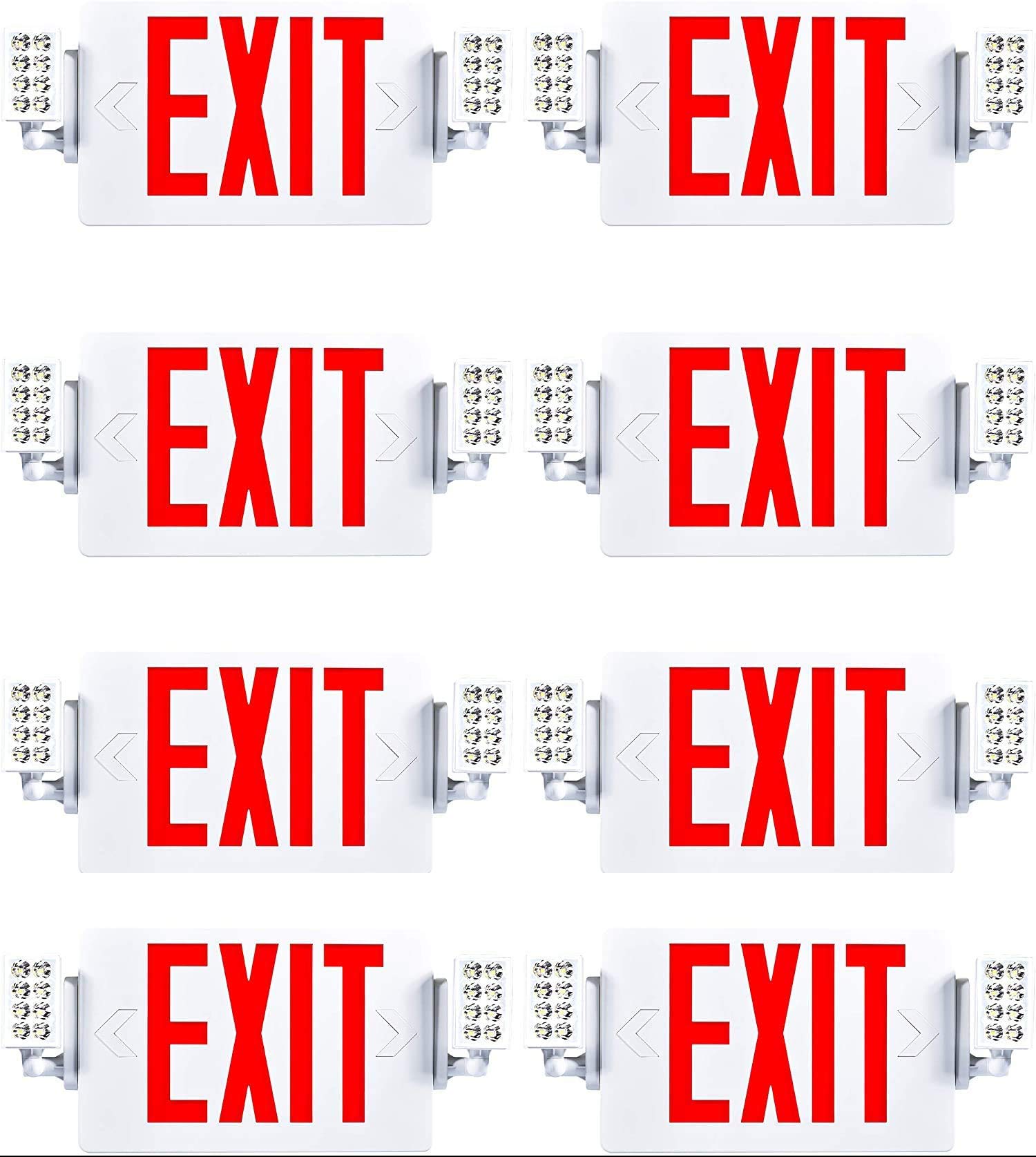 8 Pack Double Sided LED Emergency EXIT Sign Combo, Two LED Lights, Backup Battery, US Standard Red Letter Emergency Exit Lighting, Commercial Grade, 120-277V, Fire Resistant (UL 94V-0)