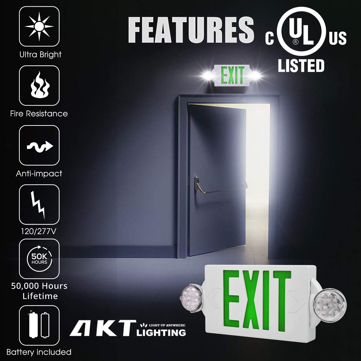 AKT LIGHTING LED Emergency Light & Exit Sign Combo, Green Exit Sign, UL Certified Emergency Exit Light, Adjustable Lamps with Back-up Battery for Business (Green, 6 Pack)