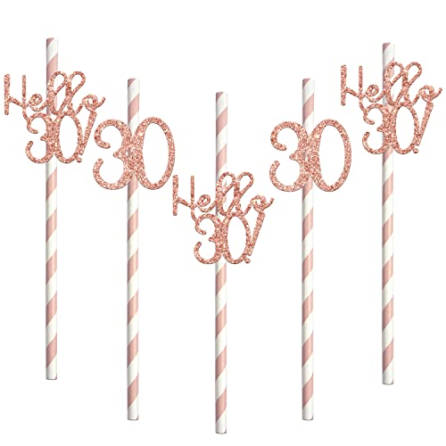 30th Birthday Paper Straw Decor, Happy 30th Birthday Decorations, Hello 30, 30th Anniversary/Birthday Party Drinking Decorative Straws, Cheer 30 Years Old Party Supplies 12 Pieces Rose Gold