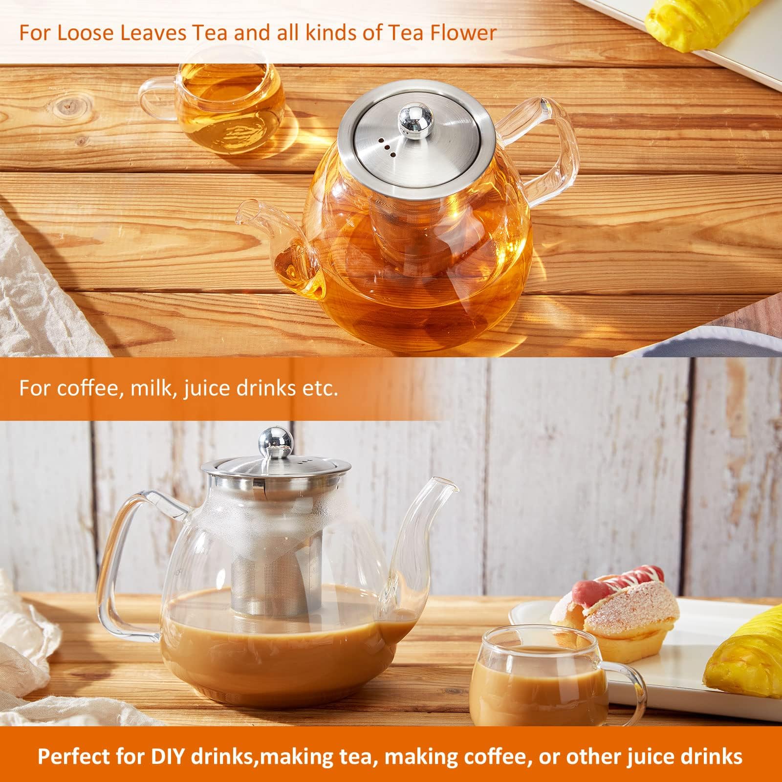 42oz/1250ml Glass Tea Kettle,Glass Teapot with Removable Stainless Steel Infuser, for Blooming and Loose Leaf Tea, Stovetop & Microwave Safe Tea Pot, Tea Maker's Choice