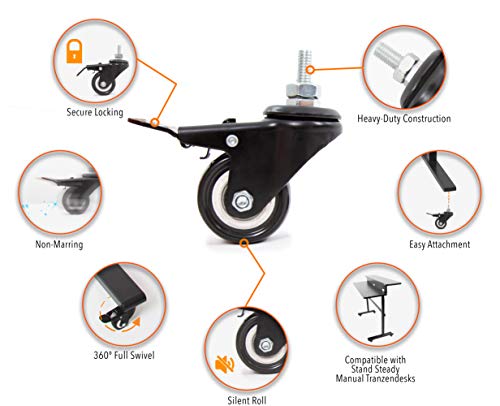 Stand Steady Attachable Desk Wheels | Set of 4 Locking Casters | Easy-Roll and Non-Marring | Full Swivel Wheels Compatible with Tranzendesk Standing Desks (2 Inch/Black)