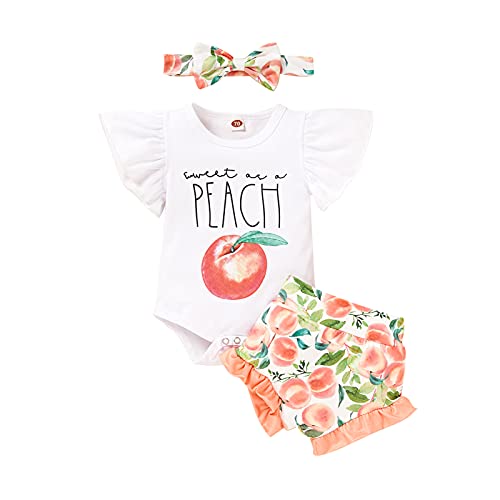 Newborn Baby Girls Clothes Ruffles Summer Romper Floral Bottoms Shorts 3pcs Outfits(Peach,0-3M)