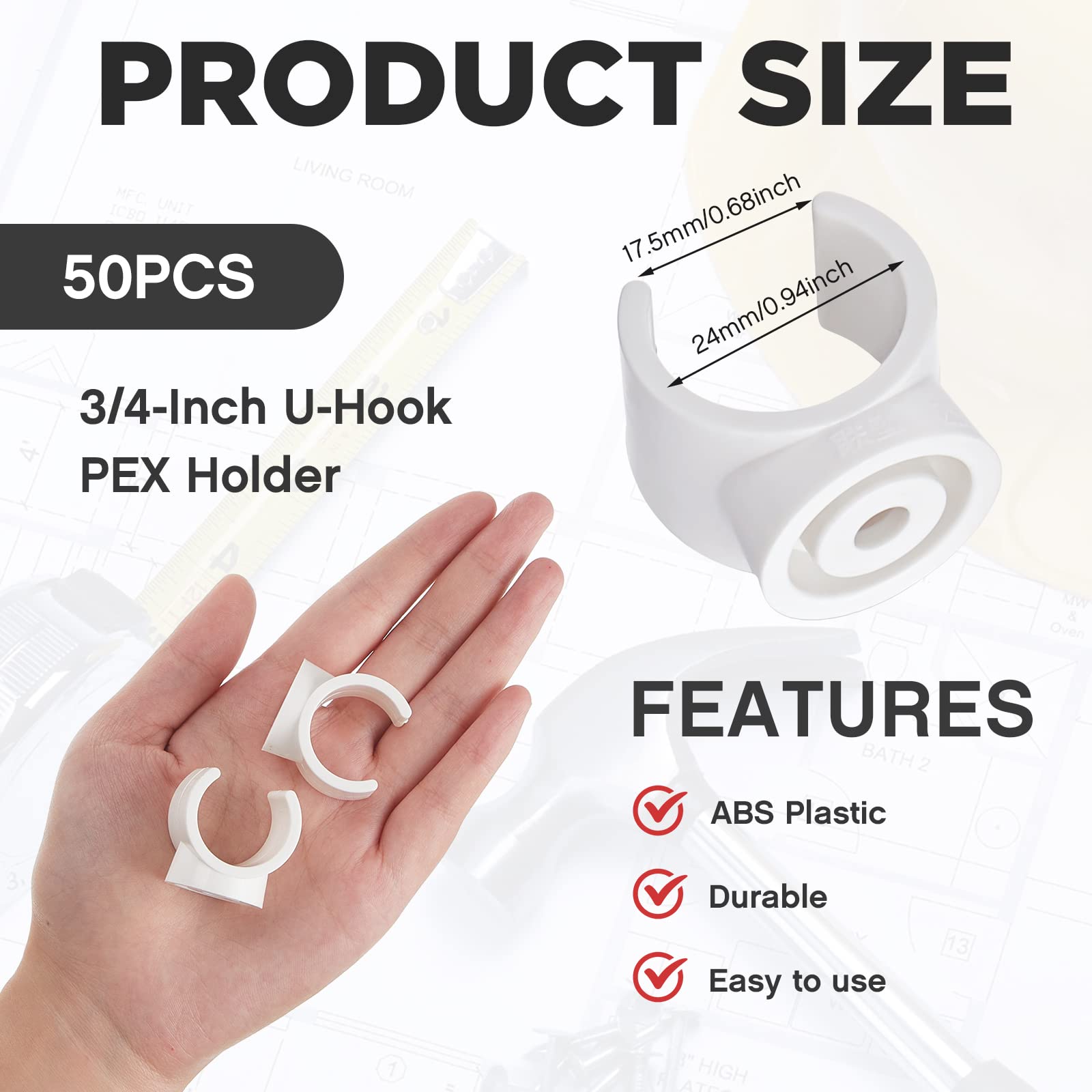 3/4 Inch PEX Clips Pipe Clamps Plastic Clamps 20 mm U Hook PEX Clamps Water Pipe Supports Plastic Socket to Fix Corresponding Pipes (50 Pieces)