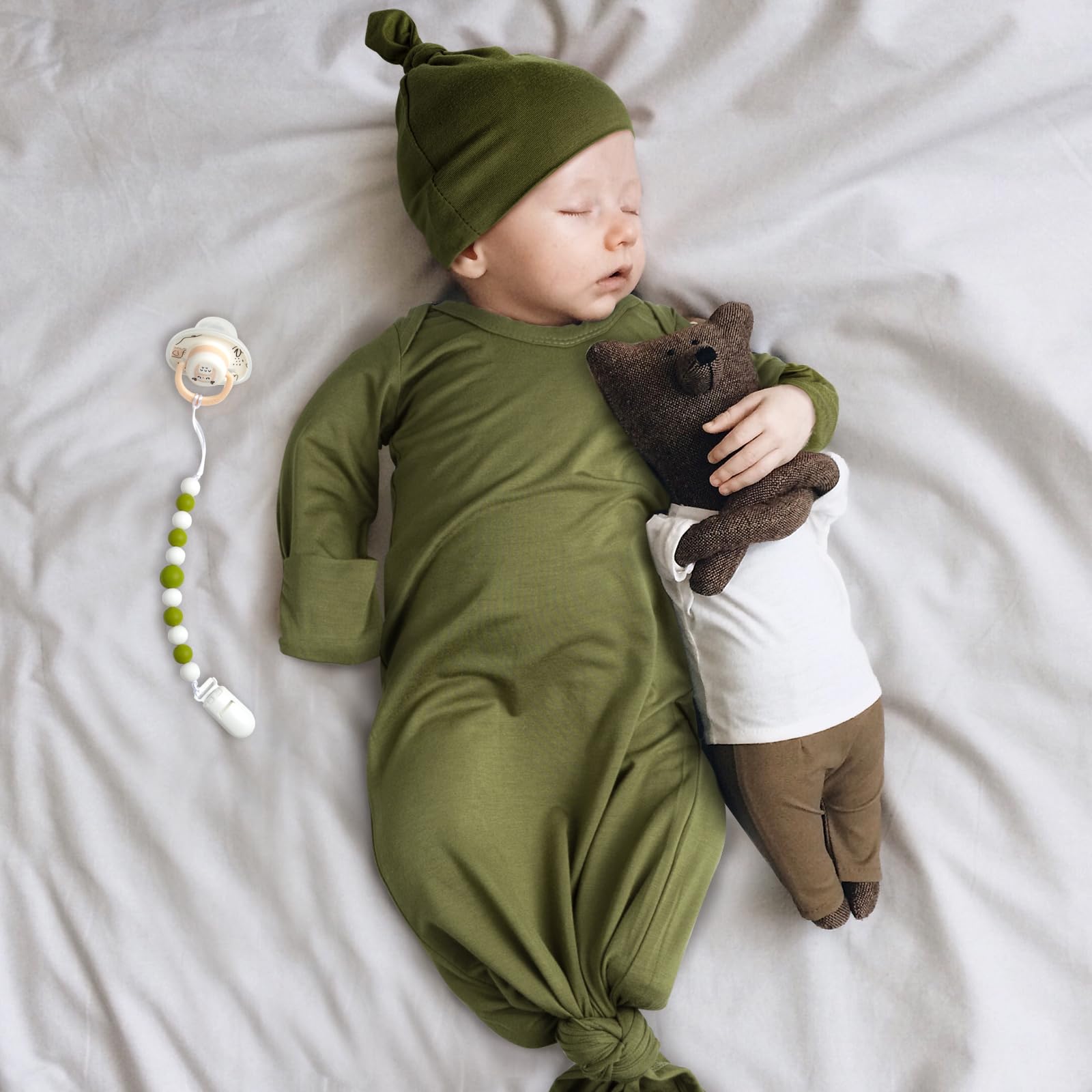 Newborn Baby Knotted Gown, Super Soft Silky Infant Long Sleeve Sleeper for Baby Girl and Boy Sleeping Bag with Mittens and Hat Set (Extra Long)
