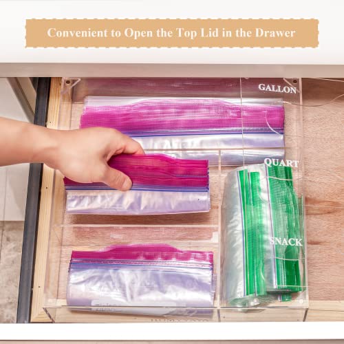 AAY HOMYYAYA Ziplock Bag Organizer for Kitchen Drawer Acrylic Baggie Organizer with Removable Top Lid for Cabinet to Storage Snack, Sandwich, Quart Slider, Gallon Ziploc Plastic Food Bags