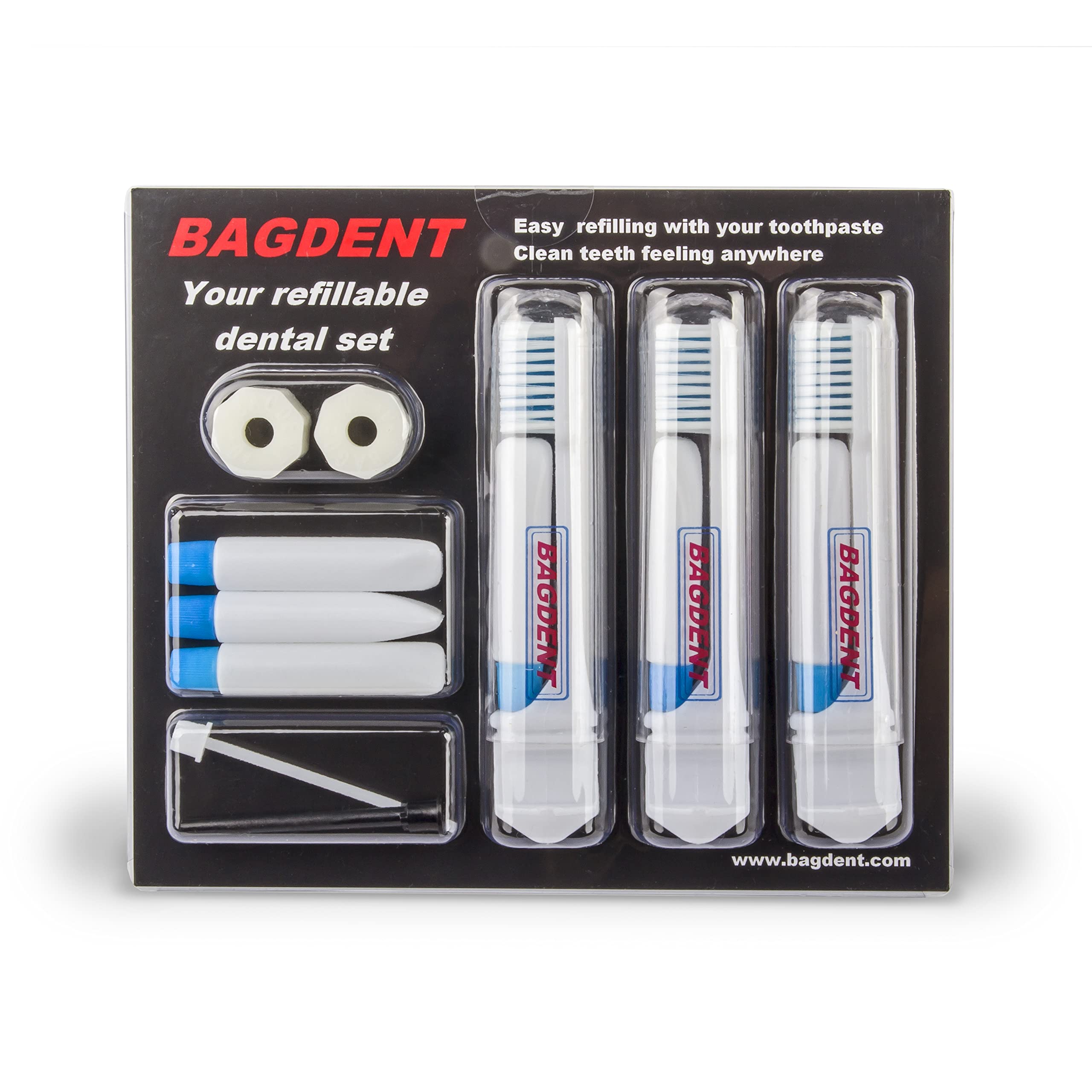 Bagdent Travel Toothbrushes and Toothpaste Empty Containers - 11 PCS/Set: 3X Foldable Toothbrushes, 6X Empty Refillable Tubes (0.12oz), 2X Filling Adapters, Travel Set, Emergency Set, Daily Use