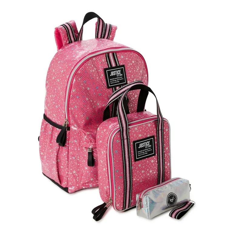 17" Laptop Backpack, Lunch Tote and Pencil Case, 3-Piece Set Pink Star Print 0397